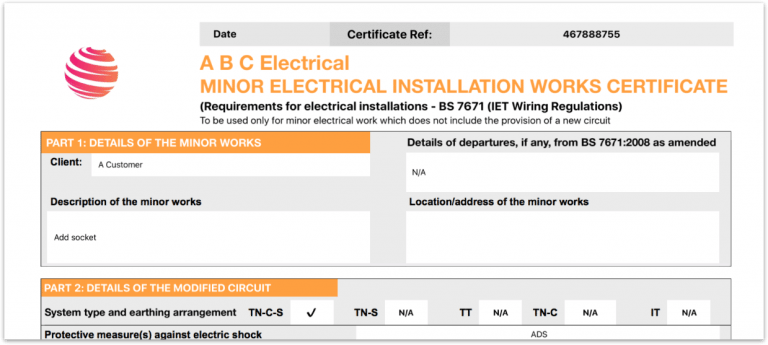 Electrical Certificate – Example Minor Works Certificate | iCertifi