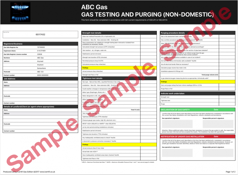 Gas Certificate Sample | iCertifi